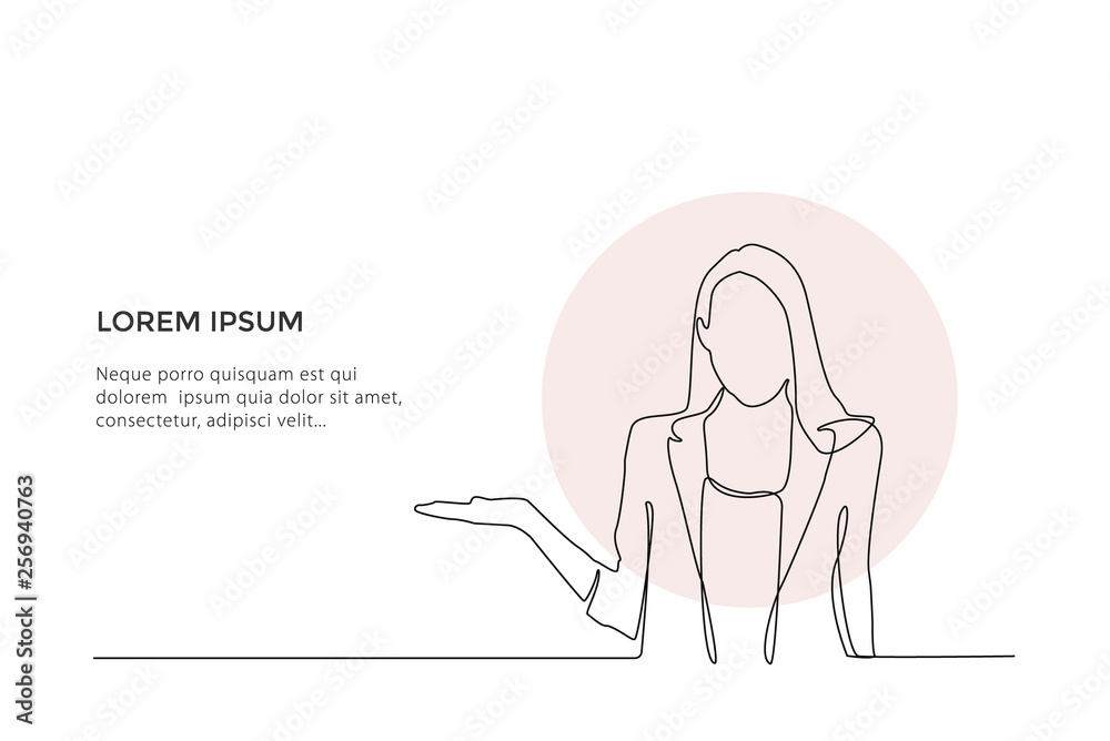 Continuous line drawing. Young businesswoman welcoming you isolated on ...