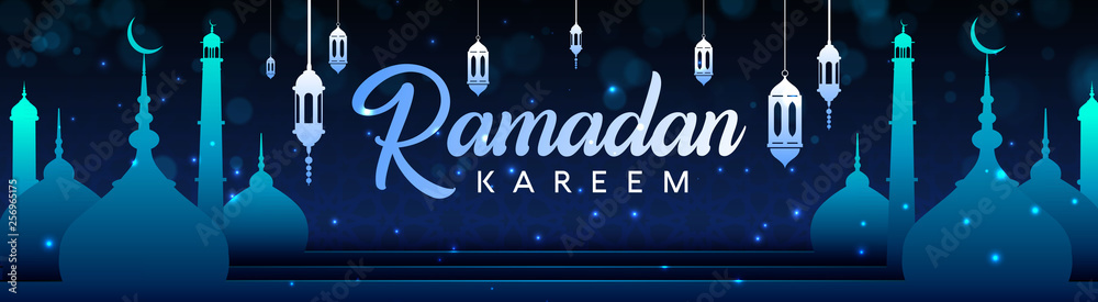 Ramadan kareem islamic header design template. Realistic blue islamic ...