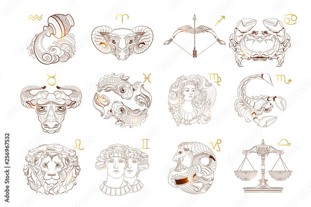 Vector set of outline zodiac signs. Vector illustration. Stock Vector ...