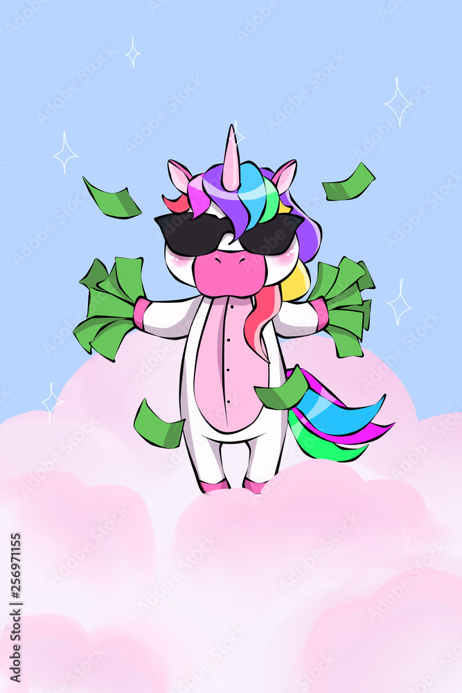 Cute cartoon unicorn money vector illustration Stock Illustration ...