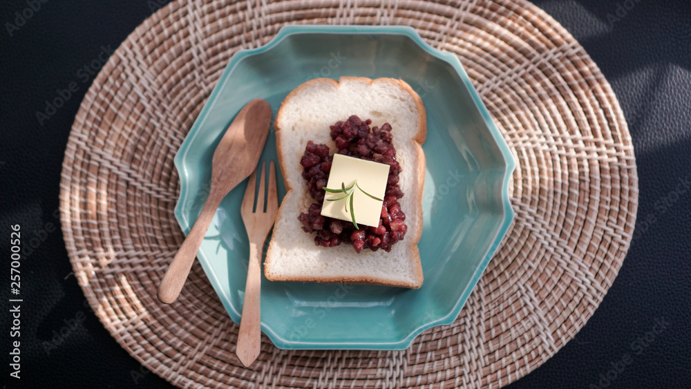 red bean toast with butter. ang butter bread. breakfast table Stock ...
