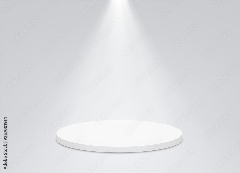 Round podium pedestal with bright lighting, a searchlight. Winner ...