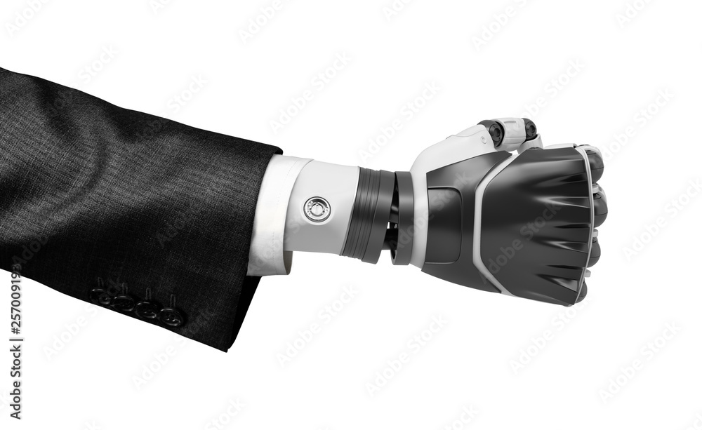 3d close-up rendering of black and white robot's clenched fist, wearing ...
