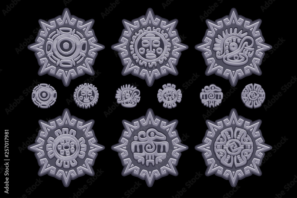 Ancient Mexican mythology symbols isolated on stone amulet. American ...