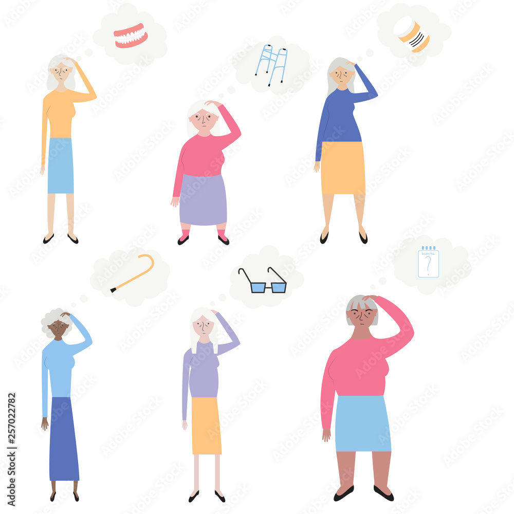 Old people with memory loss vector illustration. Set of old women ...