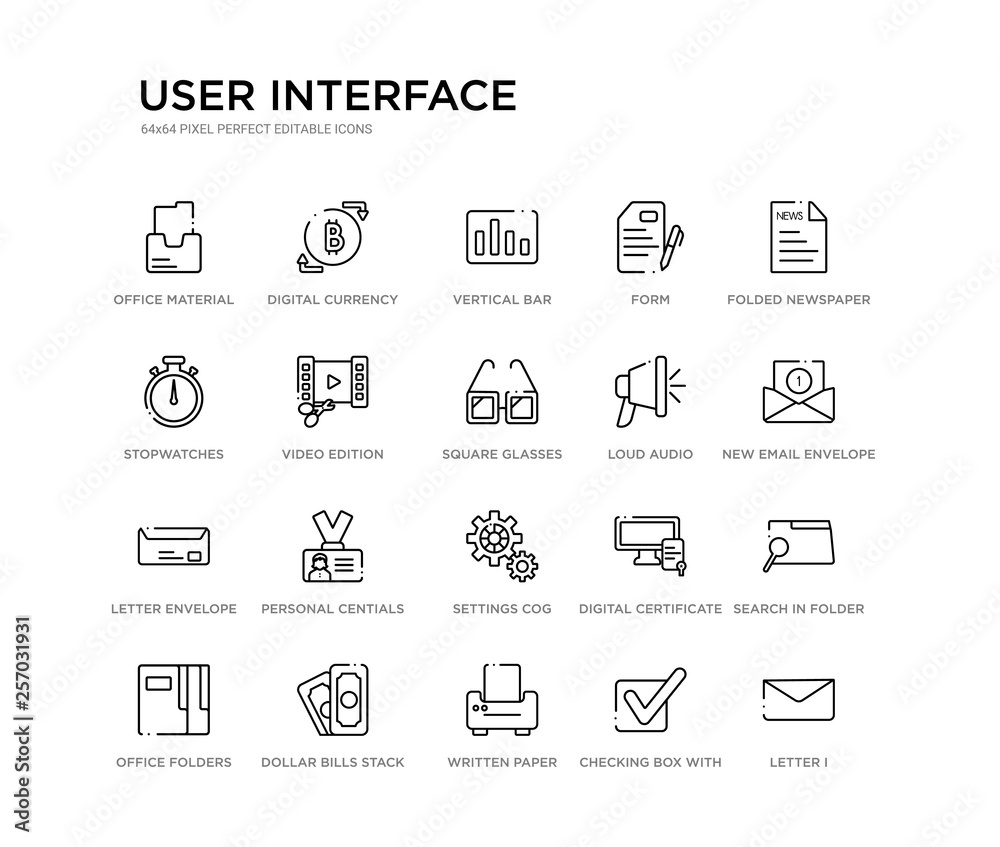 set of 20 line icons such as settings cog, personal centials, letter ...