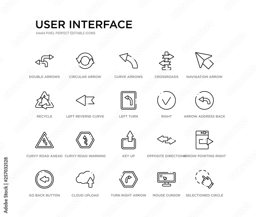 set of 20 line icons such as key up, curvy road warning, curvy road ...