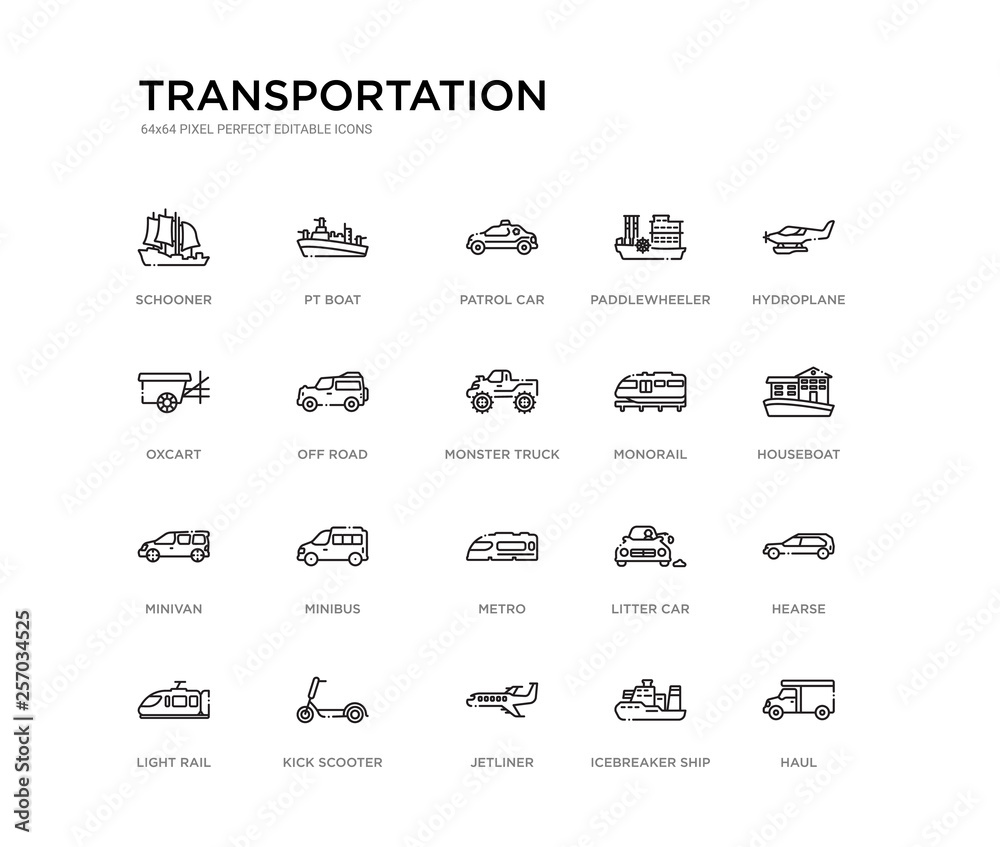 set of 20 line icons such as metro, minibus, minivan, monorail, monster ...