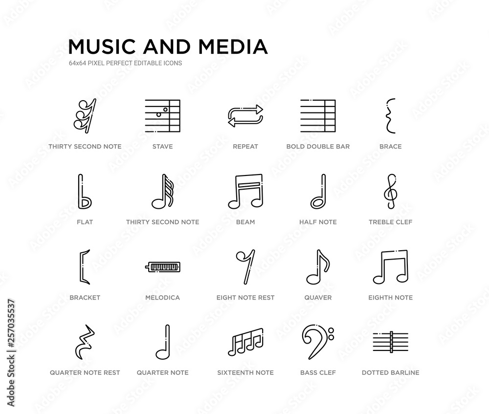 set of 20 line icons such as eight note rest, melodica, bracket, half ...