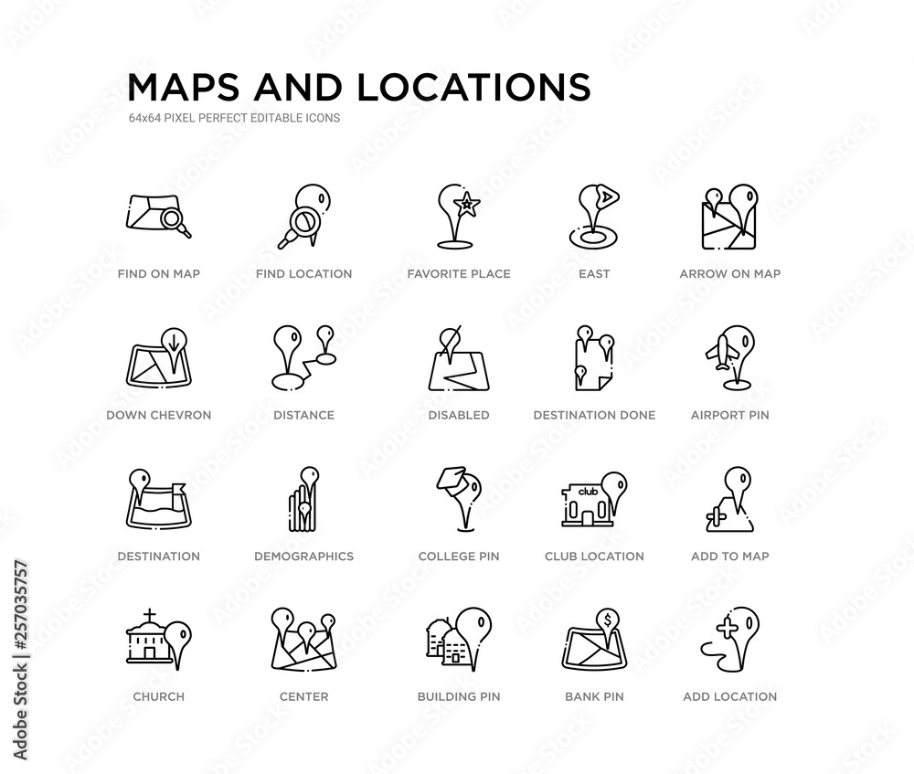 set of 20 line icons such as college pin, demographics, destination ...