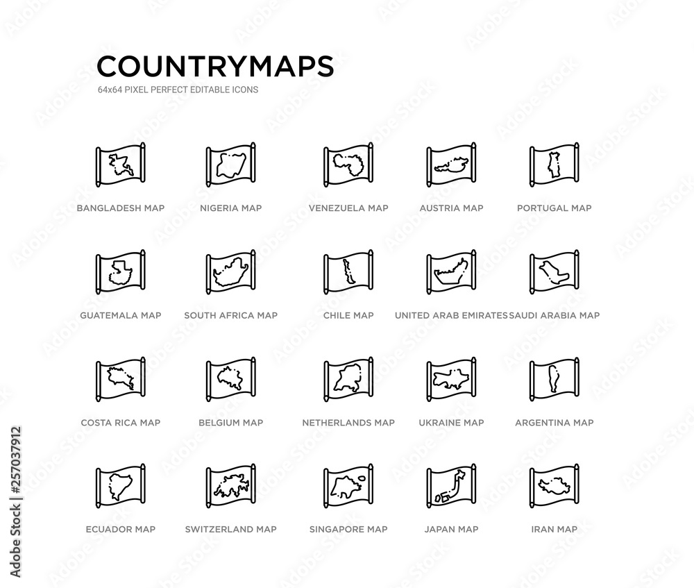 set of 20 line icons such as netherlands map, belgium map, costa rica ...