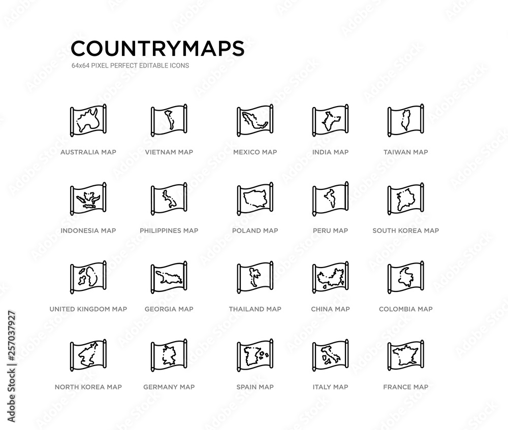 set of 20 line icons such as thailand map, georgia map, united kingdom ...
