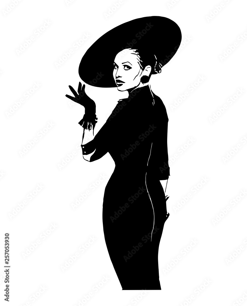 Vector Hand drawn sketch of lady in hat illustration on white ...