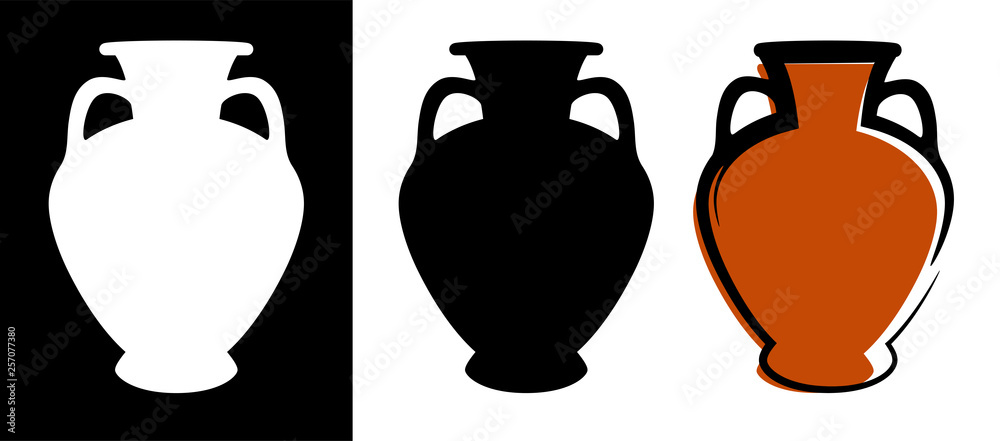 Vector ancient amphora image in burgundy color and silhouettes in white ...