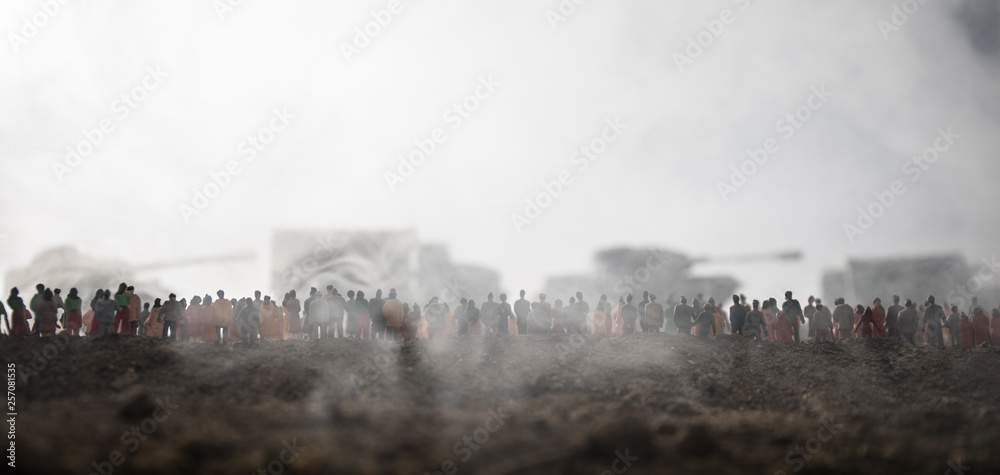 Captured by enemy concept. Military silhouettes and crowd on war fog ...