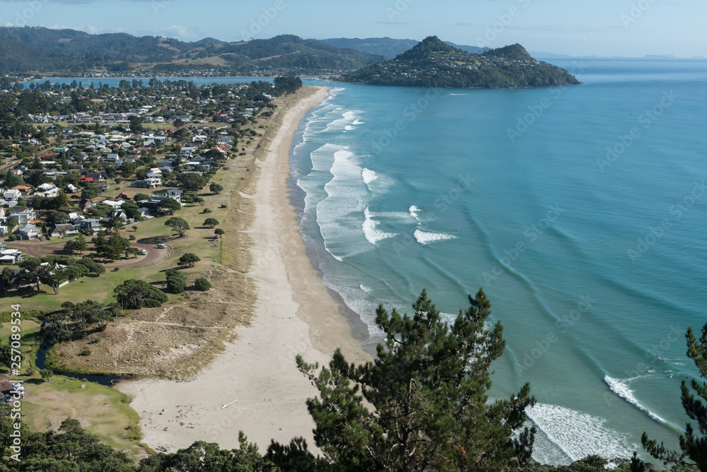 Elevated view of Pauanui township and beach, with Tairua and Mount Paku ...