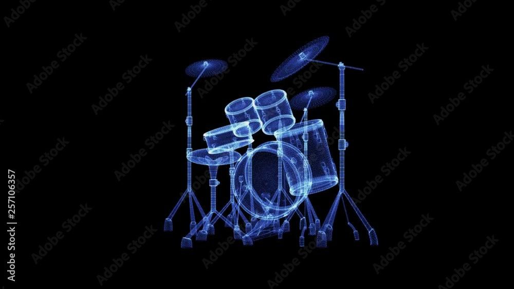 The hologram of a drum set. 3D animation of drum kit on a black ...