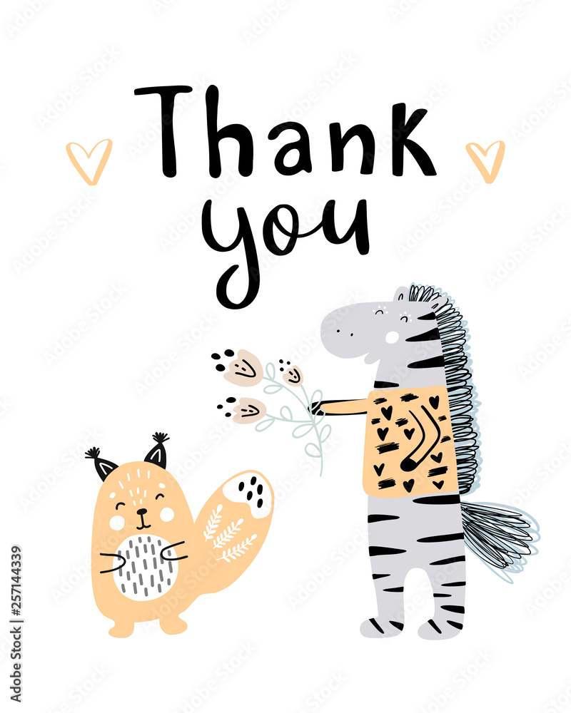 Thank you lettering- Cute hand drawn nursery poster with cartoon ...