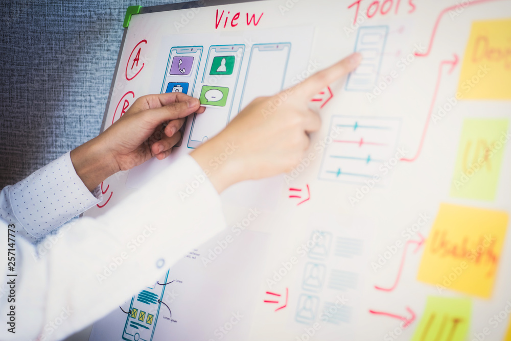 Graphic designer woman sketch drawing layout for application developing ...
