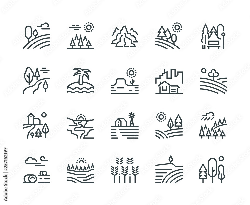 Landscape line icons. Nature park mountain hill forest trees and ...