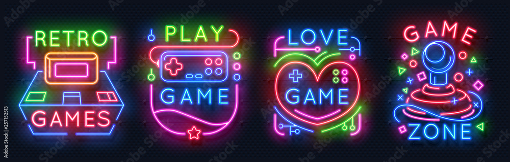 Neon game signs. Retro video games zone, player room glowing emblems ...