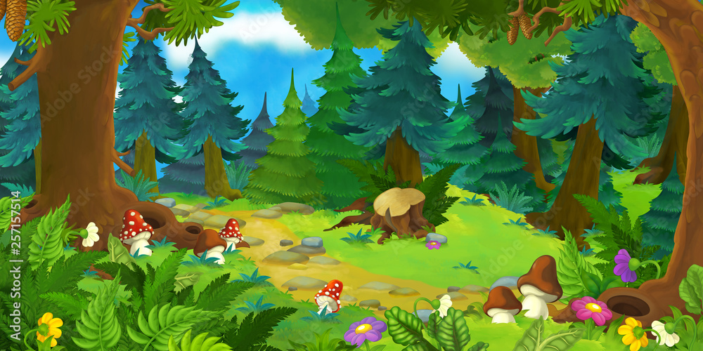 cartoon scene with beautiful forest and the meadow - illustration for ...
