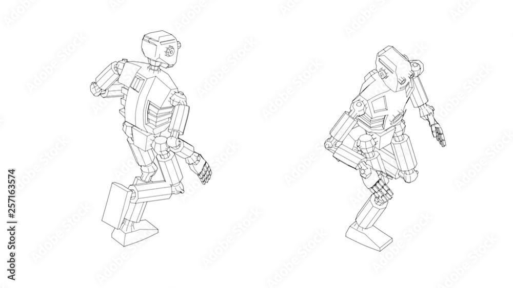 Robot android run cycle. Isometric front and back view. 3d sketch ...