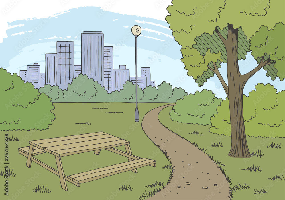 Park road graphic color table landscape sketch illustration vector ...