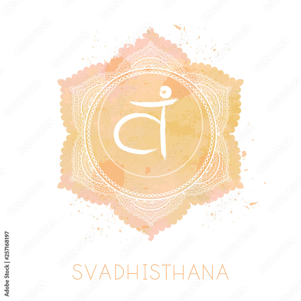 Vector illustration with symbol chakra Svadhishana and watercolor ...