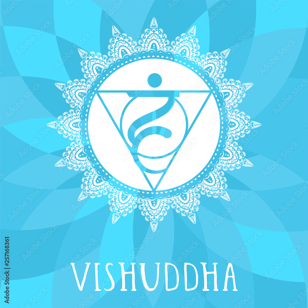 Vector illustration with symbol chakra Vishuddha on abstract background ...
