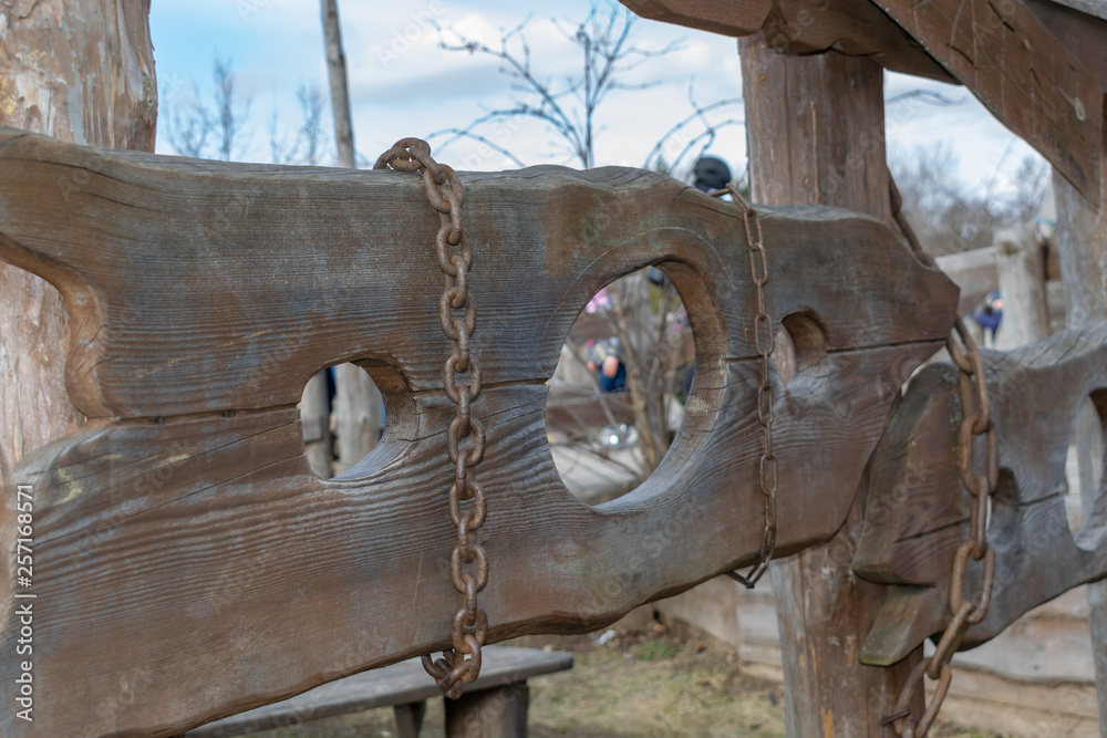 medieval instruments of torture of people, wooden chains Stock Photo ...