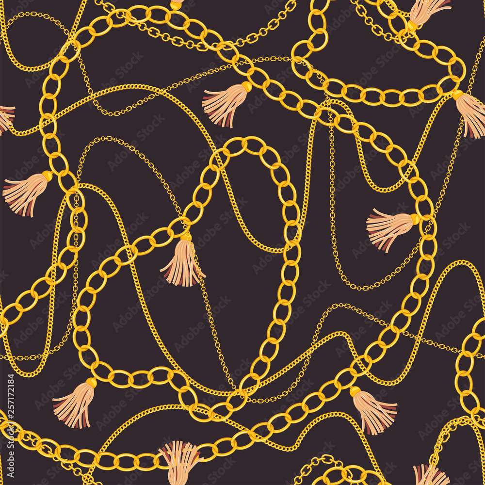 Trendy seamless pattern with different gold chains and braid. Vintage ...