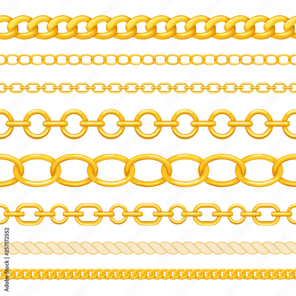 Set of different seamless gold chains isolated on white background ...