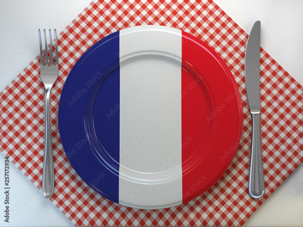 French cuisine or rfrench estaurant concept. Plate with flag of France ...