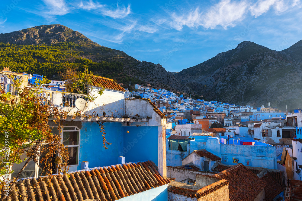 Beautiful view from the roof top on an old medina of Chefchaouen ...