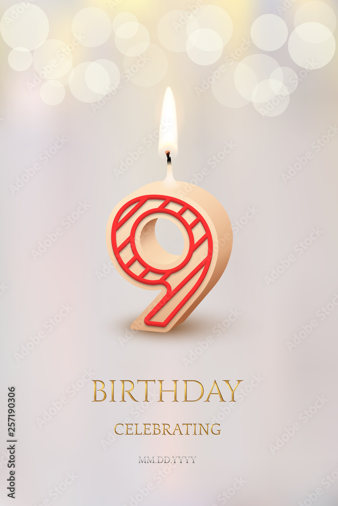 Burning number 9 birthday candle with birthday celebration text on ...