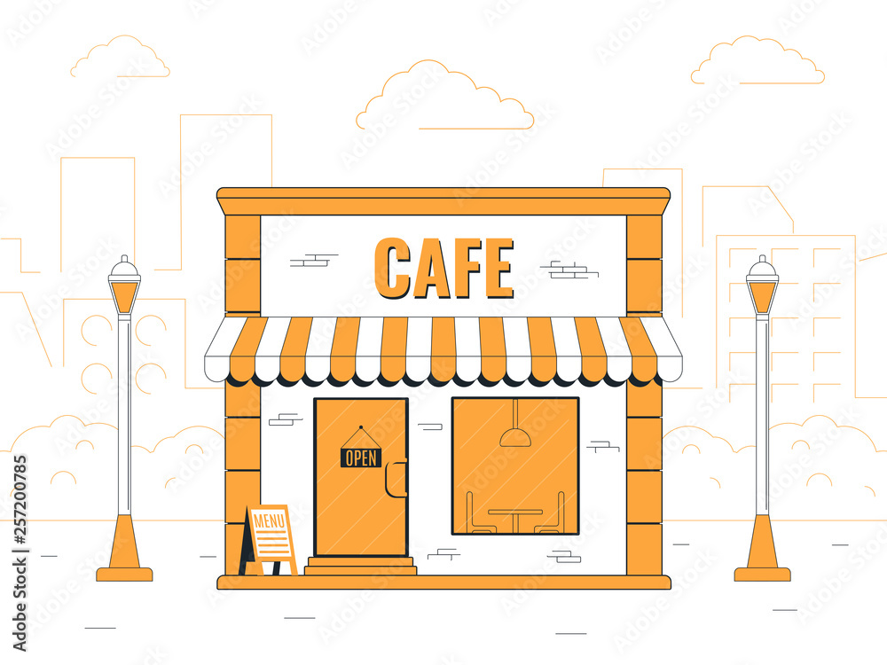 Cafe Building on the Background of the City. Cafe Building Facade ...