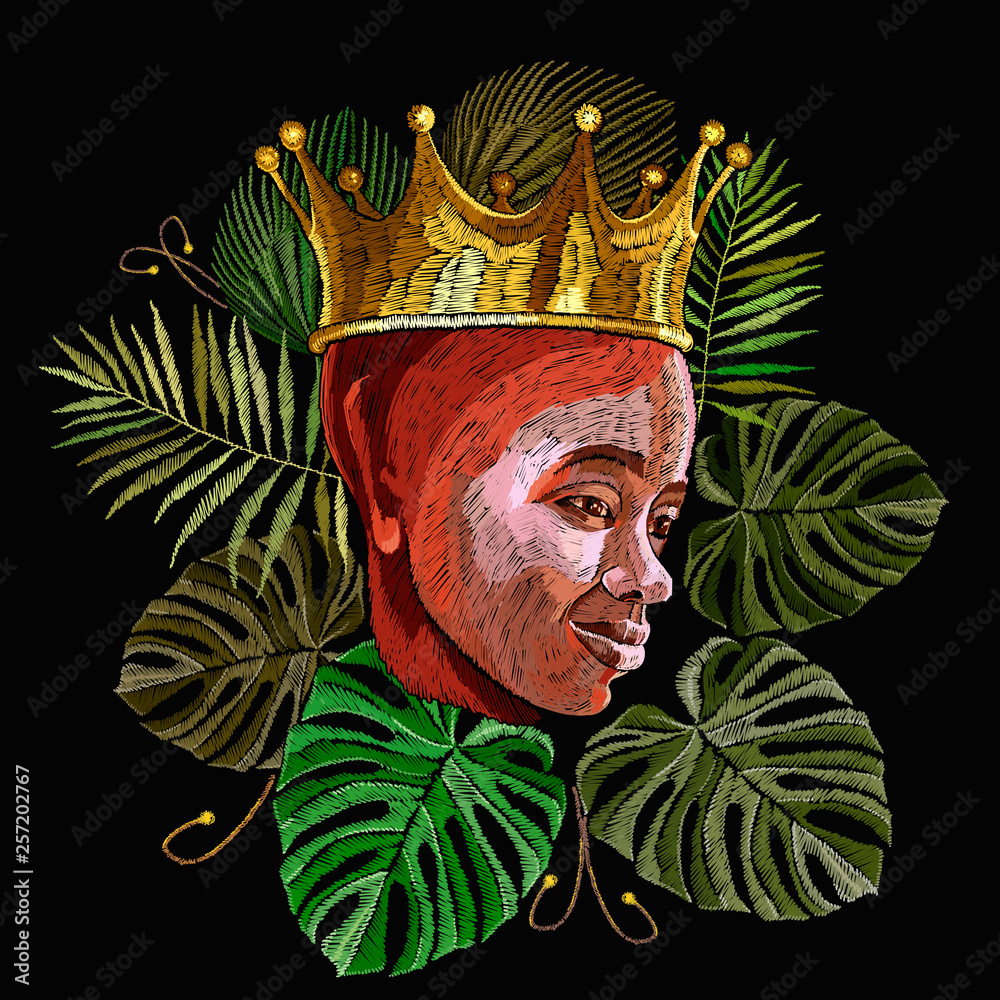 Embroidery, african woman, golden crown and palm leaves. Queen of tribe ...
