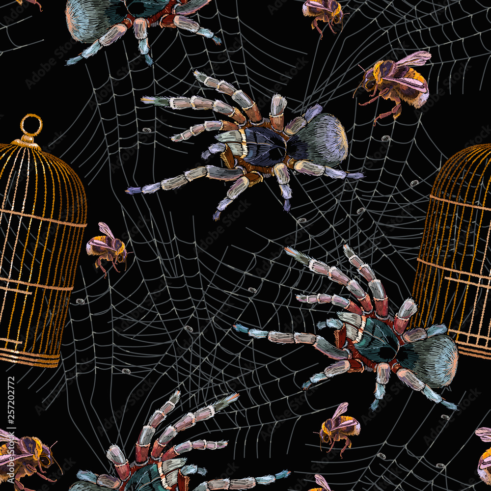 Embroidery spider, gold cage and bumblebee seamless pattern. Classical ...