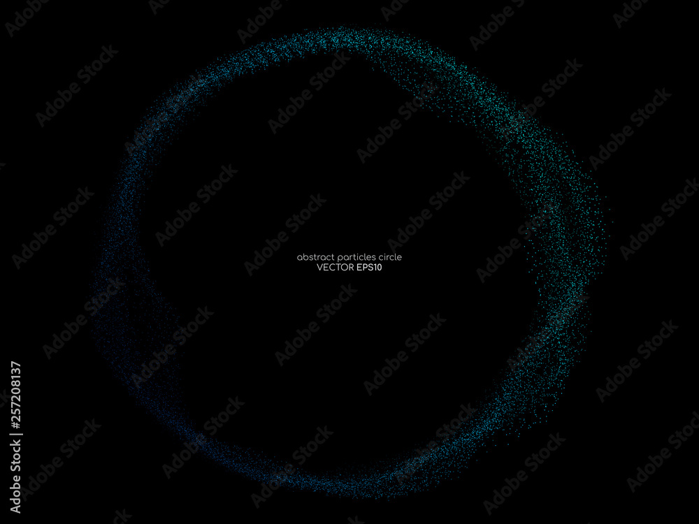 Flowing particles wave pattern circle frame, blue and green color ...