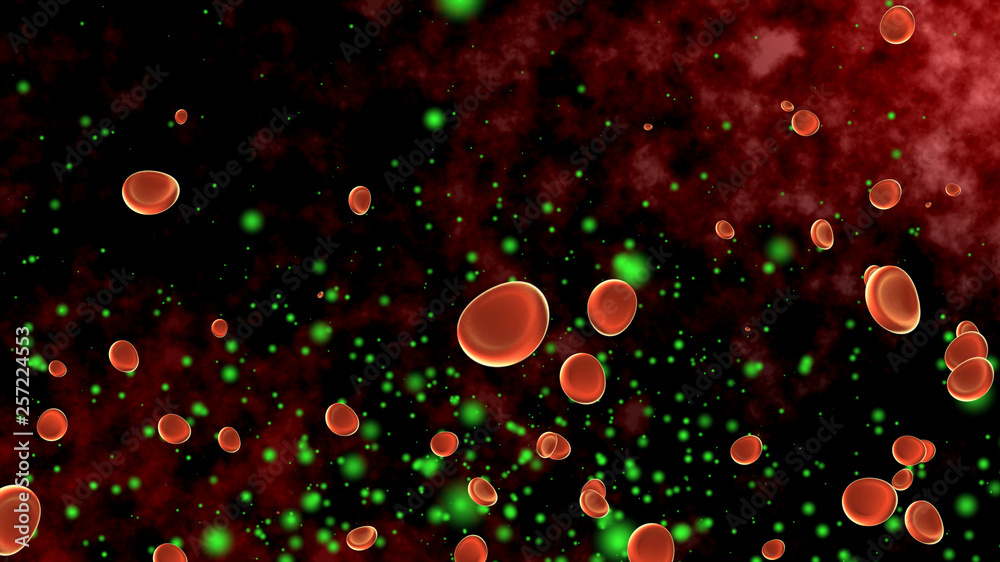 Red infecting blood cells and green bacteria and virus traveling ...