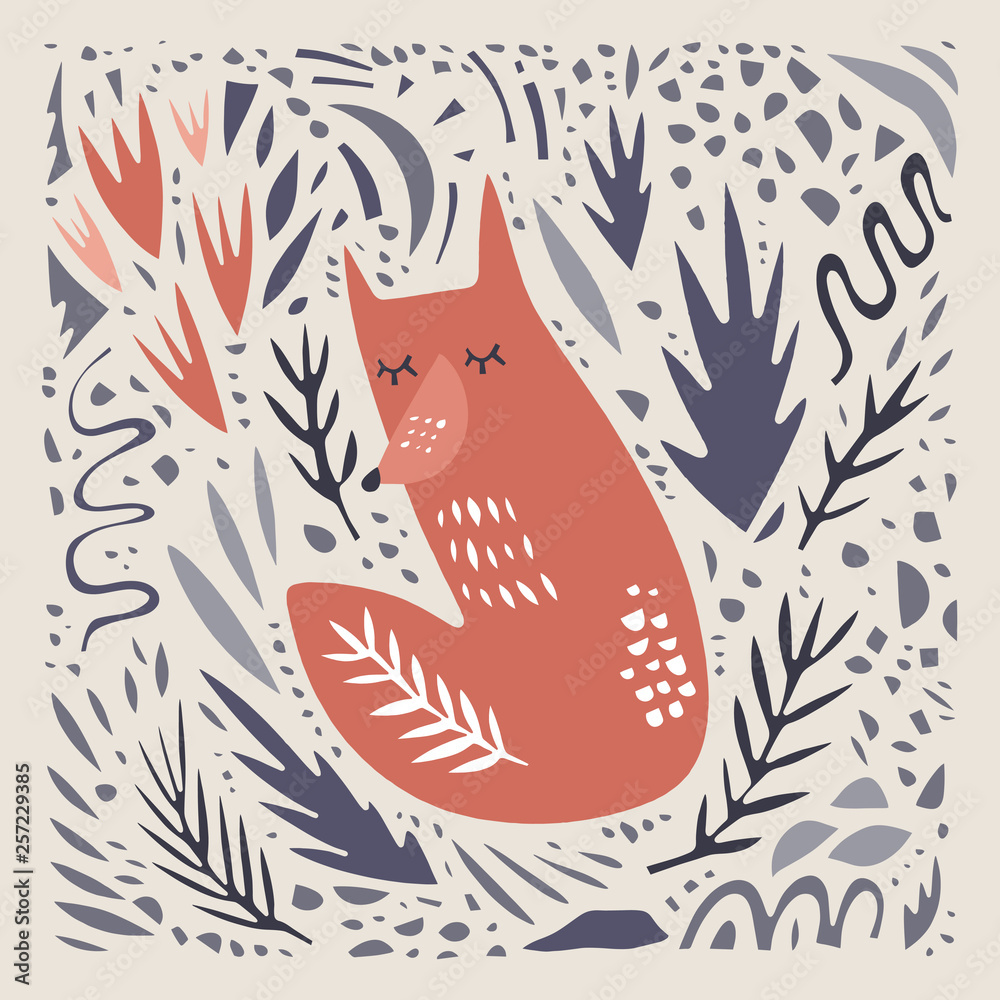 Vector cute doodle fox and plants pattern, decor cut out elements ...