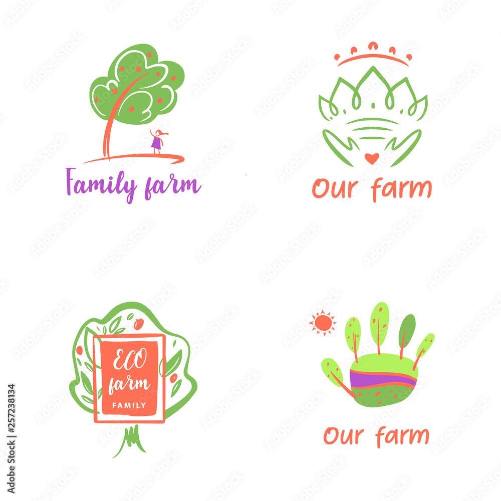 Family farm. Freehand drawn vector logo set. Concept family farming ...