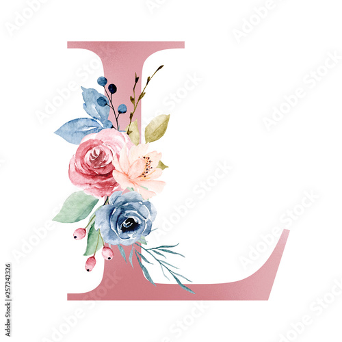 Floral alphabet, letter L with watercolor flowers and leaf. Monogram ...