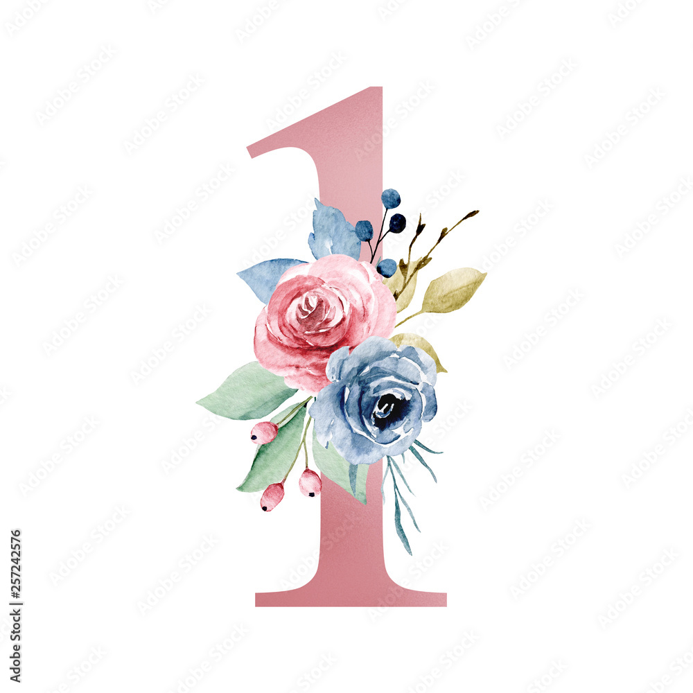 Number one with watercolor flowers roses and leaf. Perfectly for ...