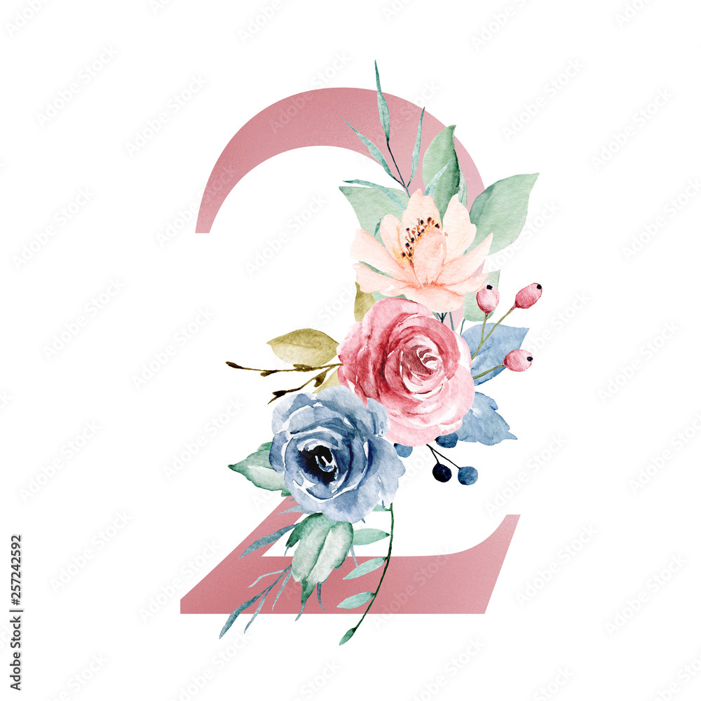 Number two with watercolor flowers roses and leaf. Perfectly for ...