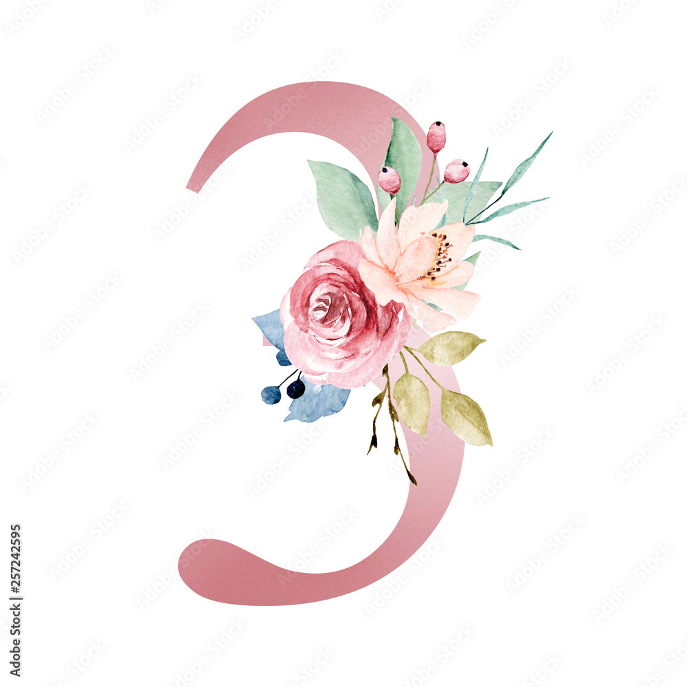 Number three with watercolor flowers roses and leaf. Vintage floral ...