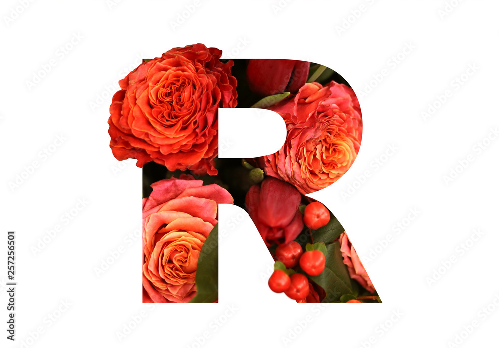 Floral font letter R from a real red-orange roses for bright design ...