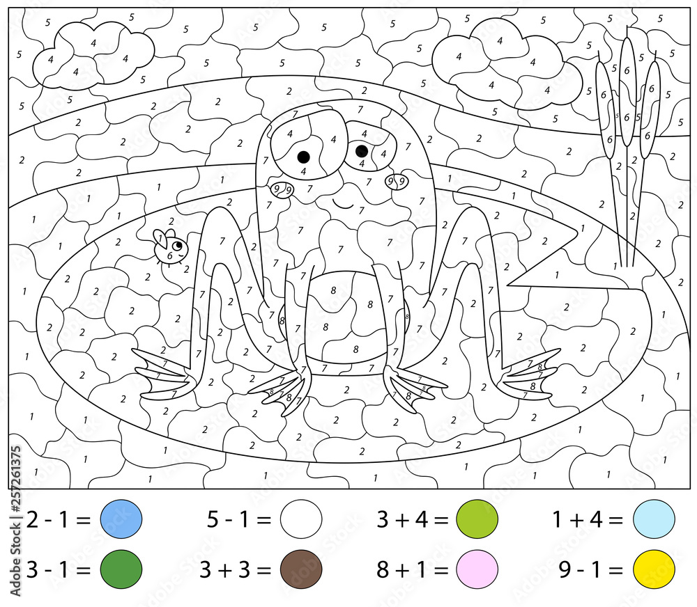 Cute cartoon frog in the summer lake. Addition and subtraction tasks ...