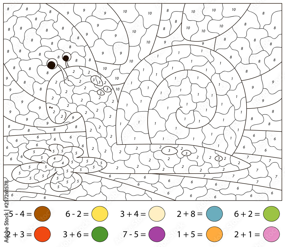 Cute cartoon snail on the green leaf. Addition and subtraction tasks ...